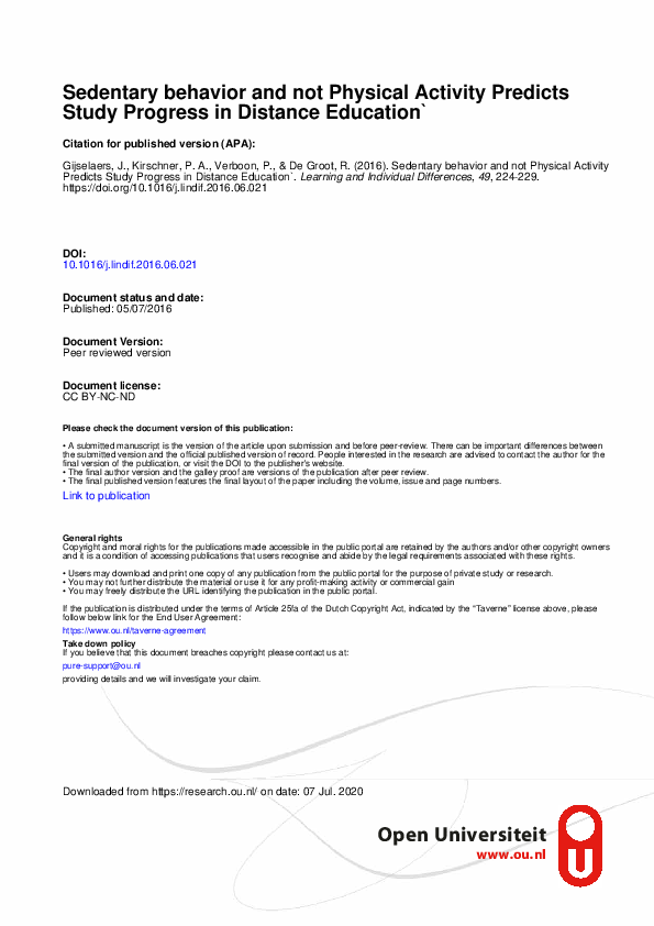 (PDF) Sedentary behavior and not physical activity predicts study progress in distance education ...