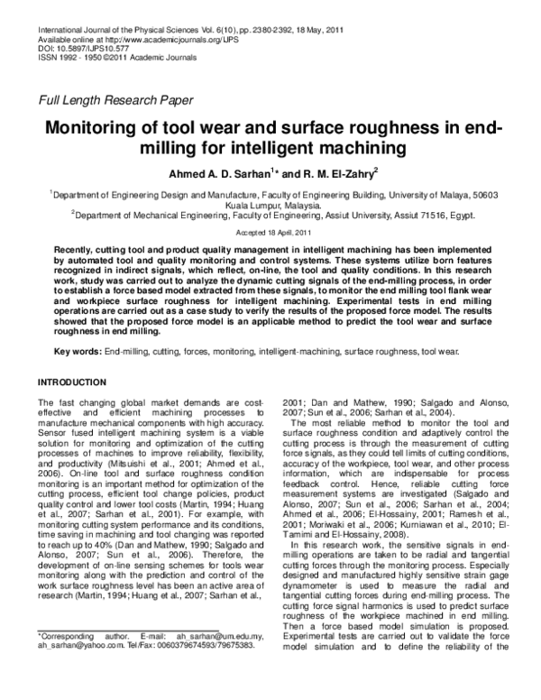 Pdf Monitoring Of Tool Wear And Surface Roughness In End Milling For Intelligent Machining