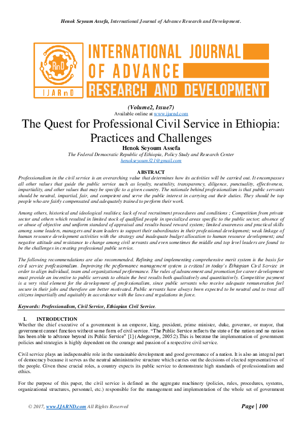 (PDF) The Quest for Professional Civil Service in Ethiopia: Practices ...
