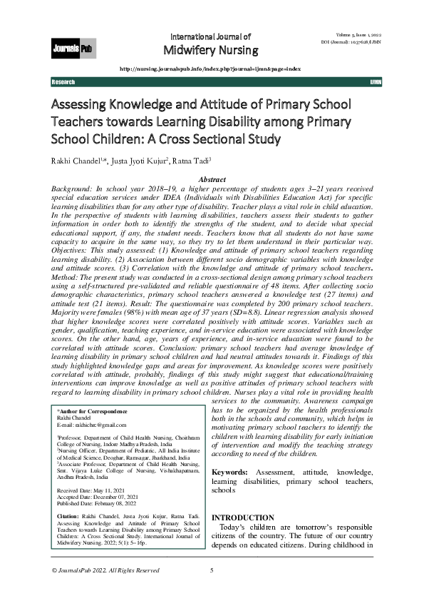 (PDF) Assessing Knowledge and Attitude of Primary School Teachers towards Learning Disability ...
