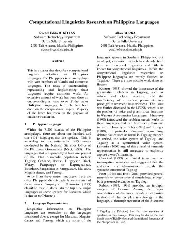 (PDF) Computational linguistics research on Philippine languages