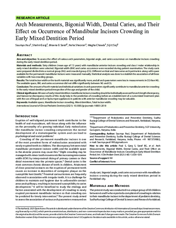 (PDF) Arch Measurements, Bigonial Width, Dental Caries, and Their ...