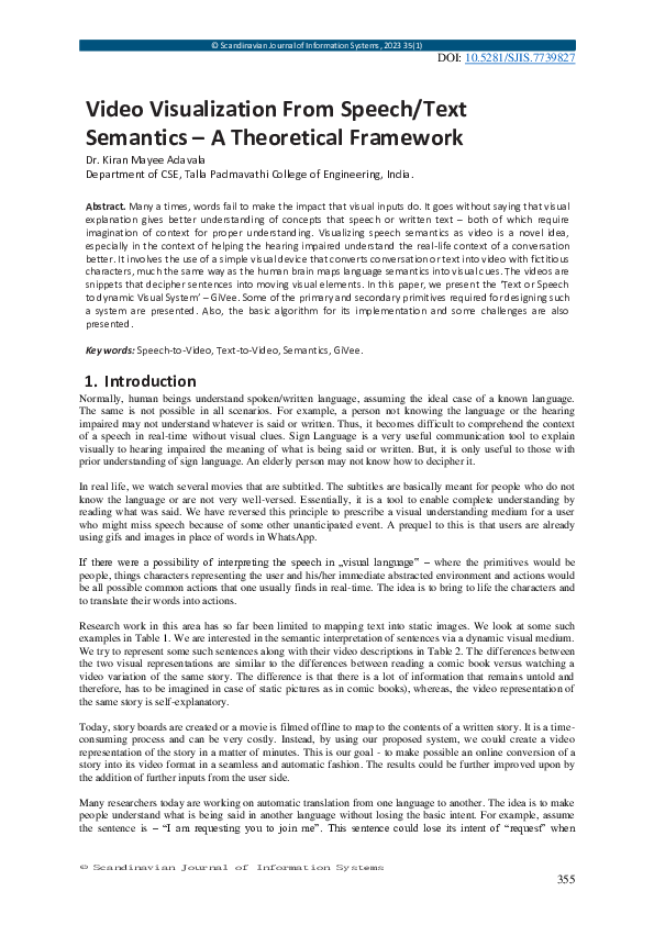 (PDF) Video Visualization From Speech/Text Semantics -A Theoretical Framework