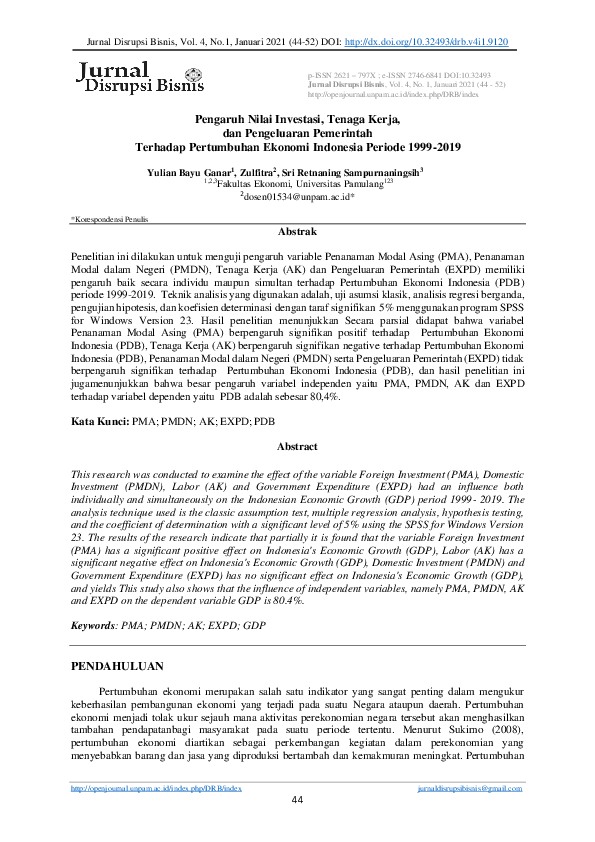 (PDF) Pengaruh Nilai Investasi, Tenaga Kerja dan Pengeluaran Pemerintah terhadap Pertumbuhan ...