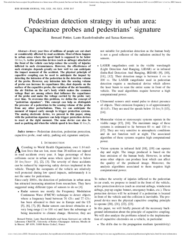 (PDF) Pedestrian Detection Strategy in Urban Area: Capacitance Probes and Pedestrians’ Signature