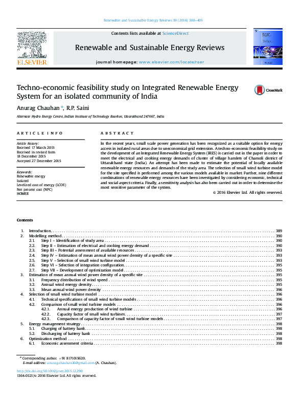 (PDF) Techno-economic feasibility study on Integrated Renewable Energy System for an isolated ...