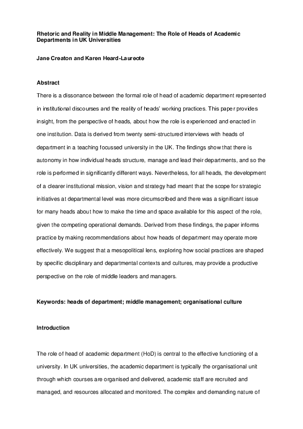 (PDF) Rhetoric and Reality in Middle Management: The Role of Heads of ...
