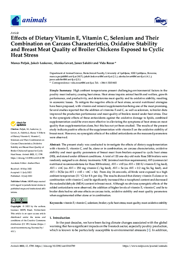(PDF) Effects of Dietary Vitamin E, Vitamin C, Selenium and Their Combination on Carcass ...