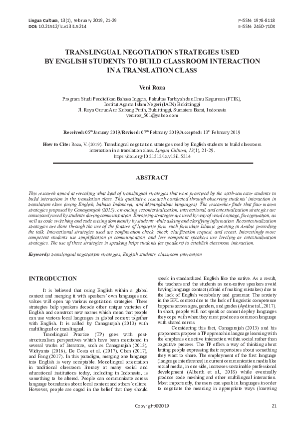 (PDF) Translingual Negotiation Strategies Used by English Students to ...