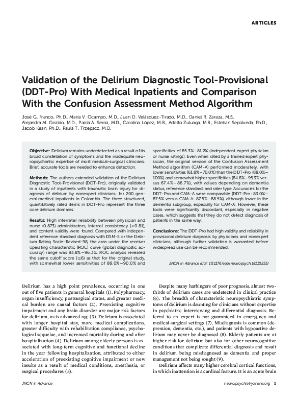 (PDF) Validation of the Delirium Diagnostic Tool-Provisional (DDT-Pro) With Medical Inpatients ...