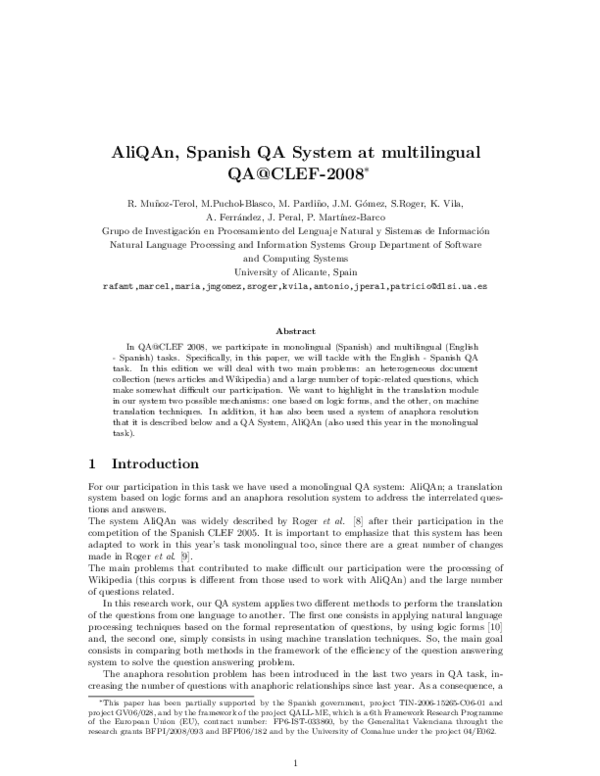 (PDF) AliQAn, Spanish QA System at multilingual QA@ CLEF-2008