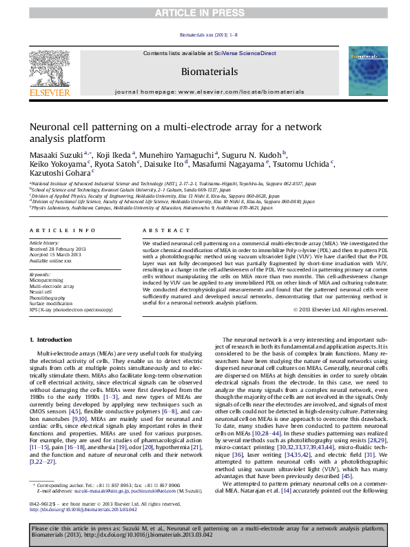 (PDF) Neuronal cell patterning on a multi-electrode array for a network analysis platform
