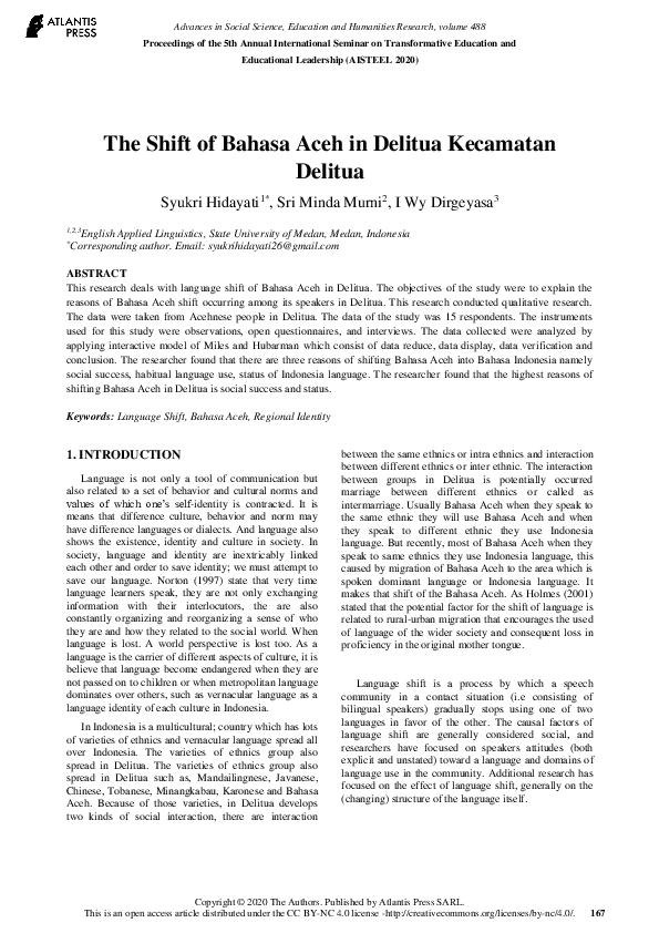 (PDF) The Shift of Bahasa Aceh in Delitua Kecamatan Delitua
