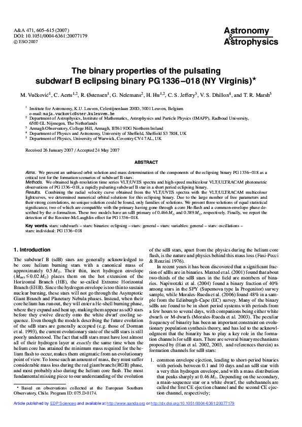 (PDF) The binary properties of the pulsating subdwarf B eclipsing ...
