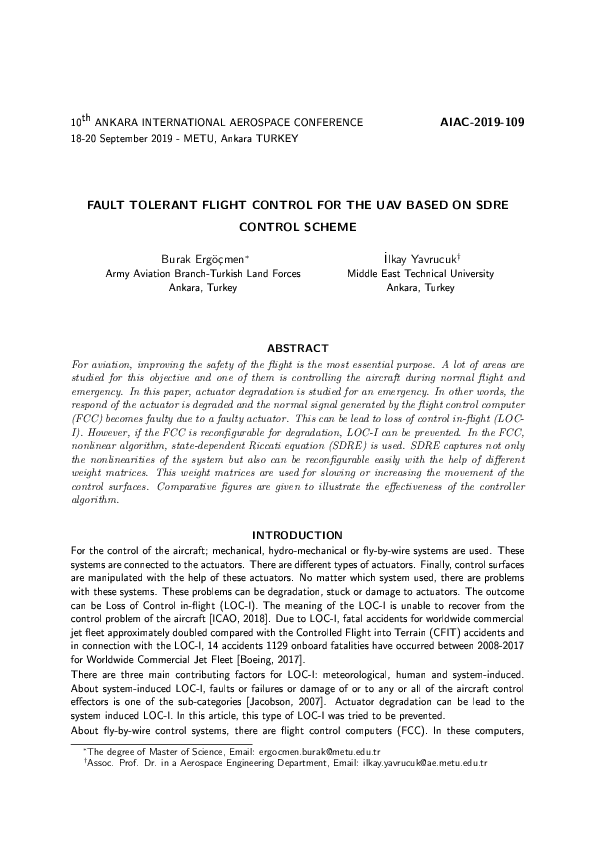 (PDF) Fault Tolerant Flight Control for the Uav Based on Sdre Control Scheme
