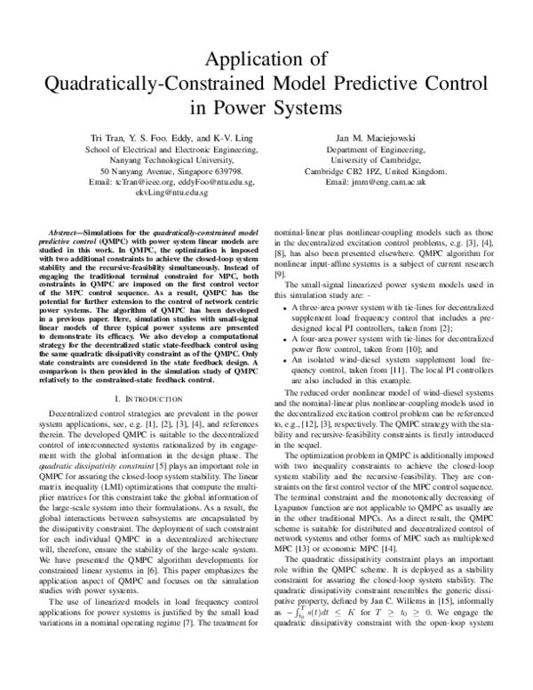 (PDF) Application of quadratically-constrained model predictive control in power systems