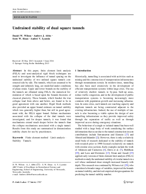 (PDF) Undrained stability of dual square tunnels