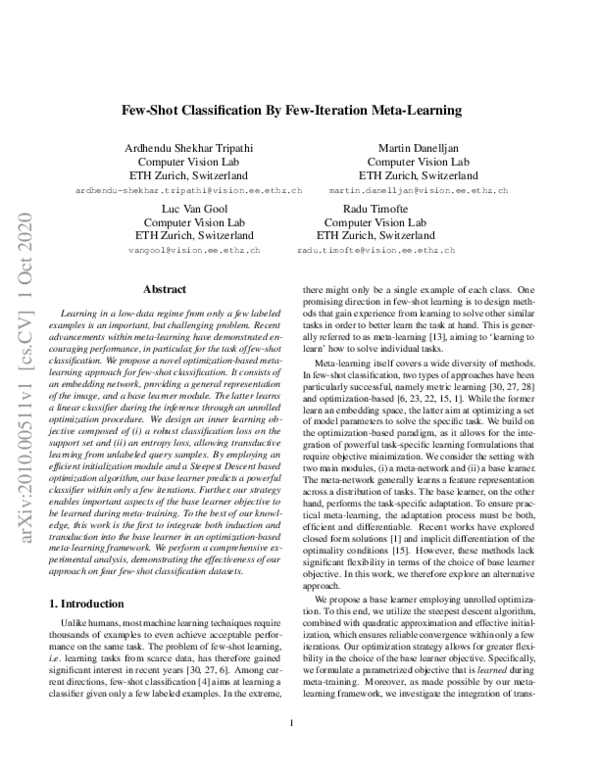 (PDF) Few-Shot Classification By Few-Iteration Meta-Learning