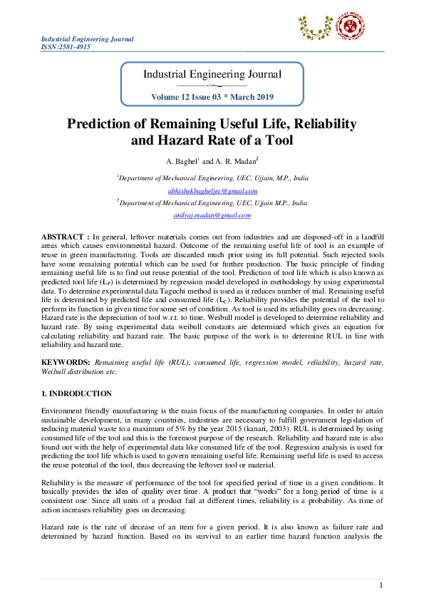 (PDF) Prediction of remaining useful life, Reliability and hazard rate ...