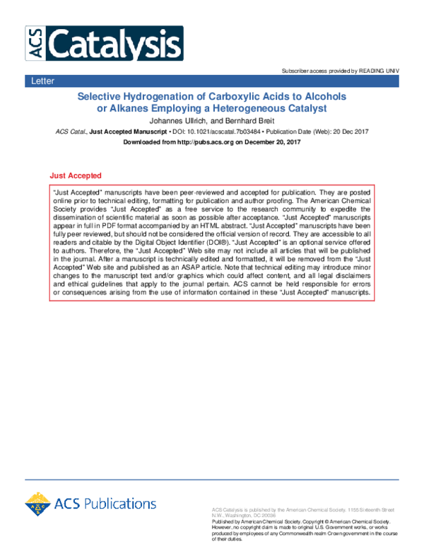 (PDF) Selective Hydrogenation of Carboxylic Acids to Alcohols or ...