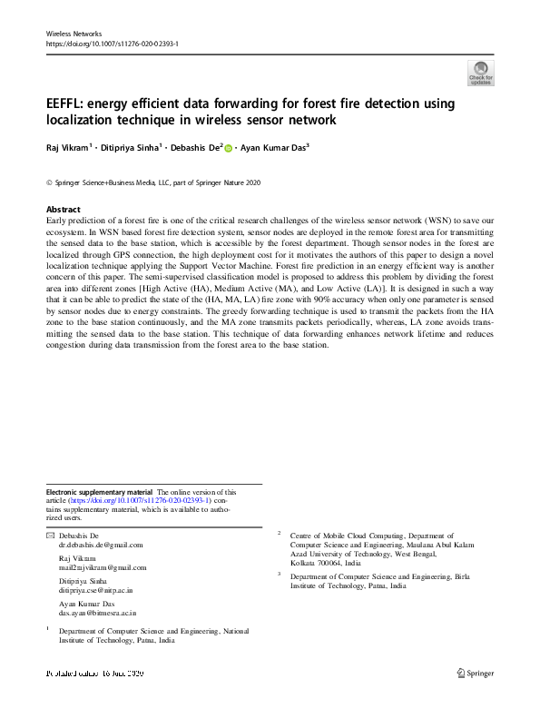 (PDF) EEFFL: energy efficient data forwarding for forest fire detection using localization ...