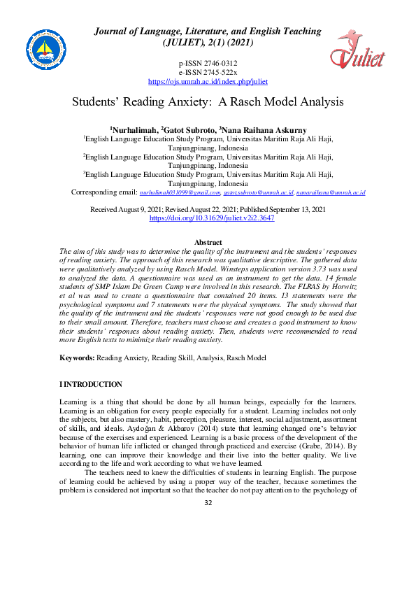 (PDF) Students' Reading Anxiety: A Rasch Model Analysis