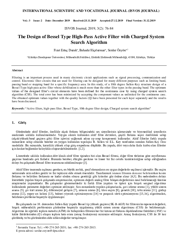 (PDF) The Design of Bessel Type High-Pass Active Filter with Charged System Search Algorithm