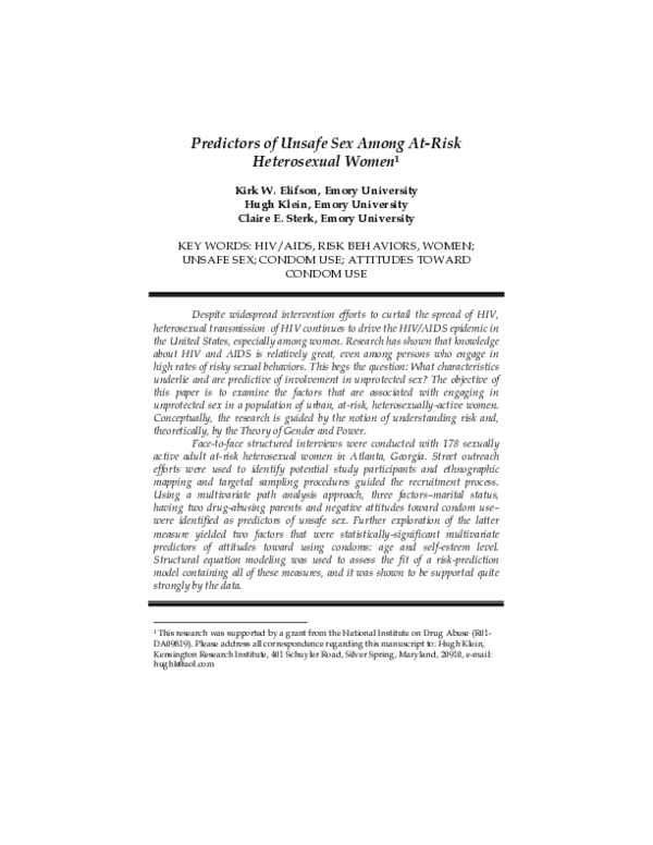 Pdf Predictors Of Unsafe Sex Among At Risk Heterosexual Women
