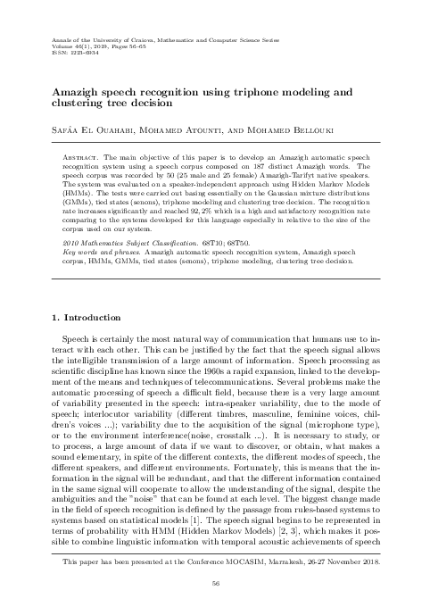 (PDF) Amazigh speech recognition using triphone modeling and clustering tree decision