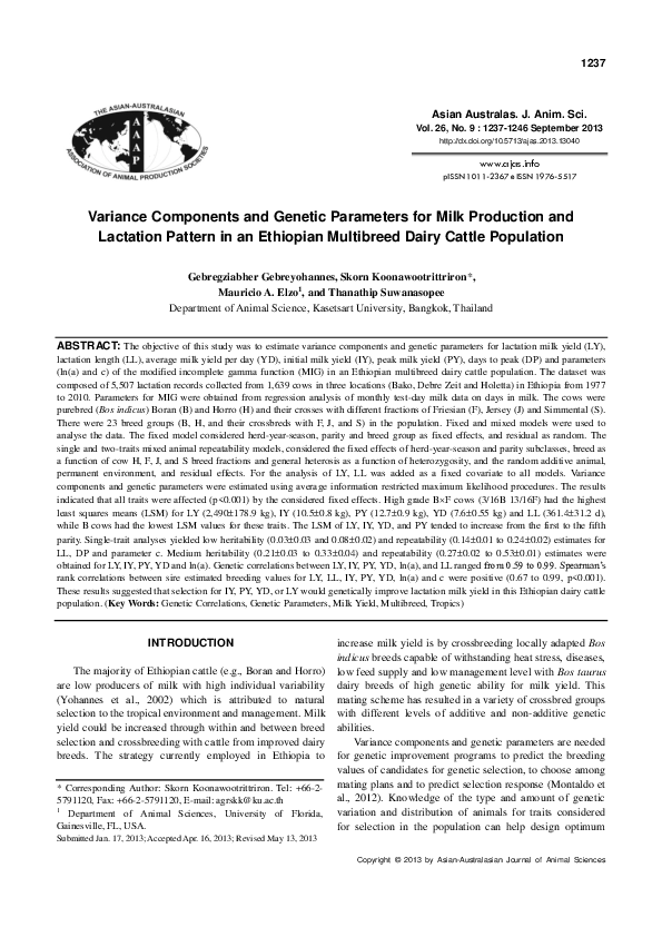 (PDF) Variance Components and Genetic Parameters for Milk Production and Lactation Pattern in an ...