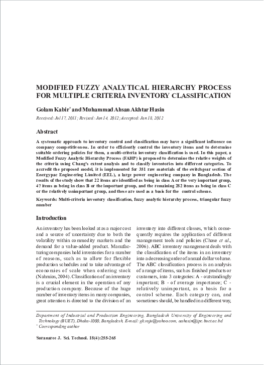 (PDF) Modified Fuzzy Analytical Hierarchy Process for Multiple Criteria Inventory Classification