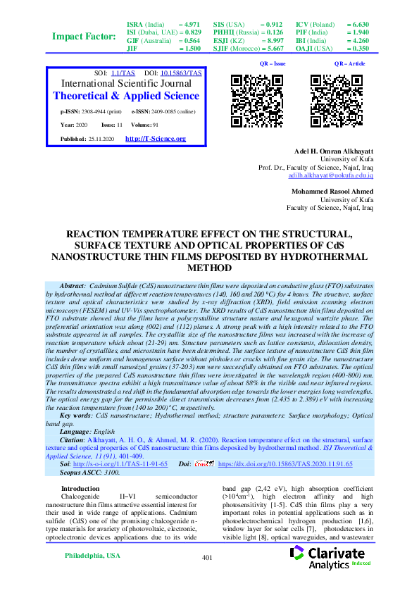 (PDF) Reaction Temperature Effect on the Structural, Surface Texture and Optical Properties of ...