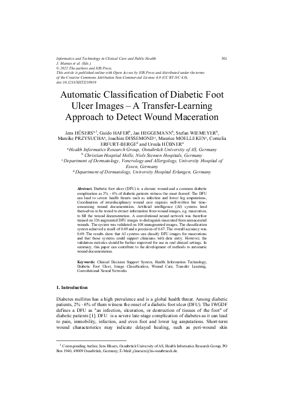 Pdf Automatic Classification Of Diabetic Foot Ulcer Images A Transfer Learning Approach To
