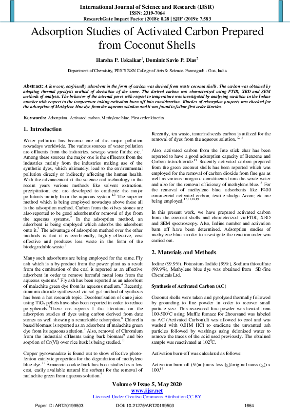 (PDF) Adsorption Studies of Activated Carbon Prepared from Coconut Shells
