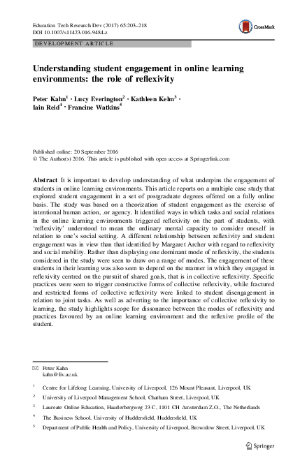 (PDF) Understanding student engagement in online learning environments: the role of reflexivity