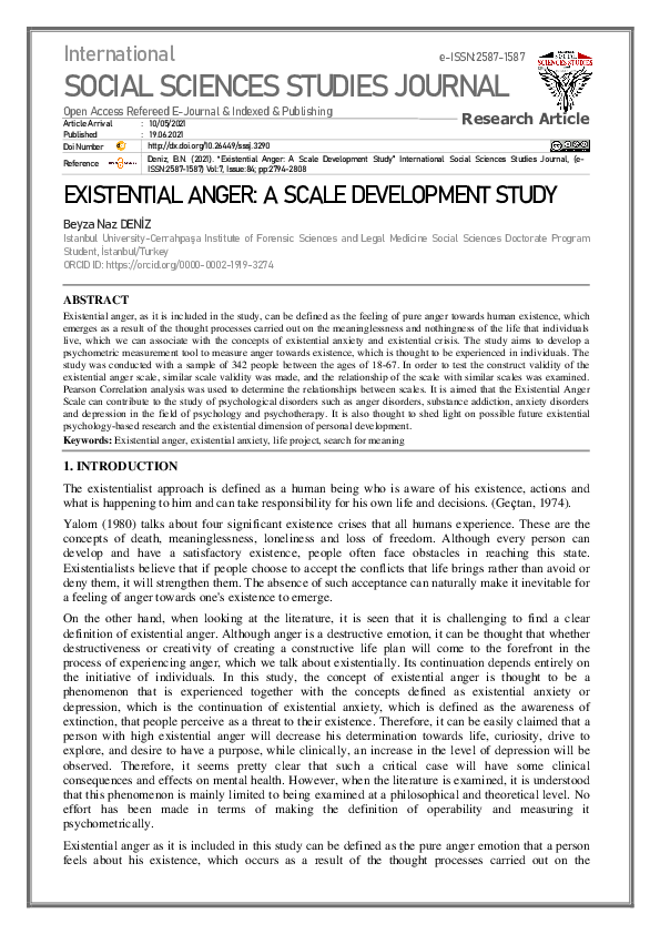 (PDF) EXISTENTIAL ANGER: A SCALE DEVELOPMENT STUDY