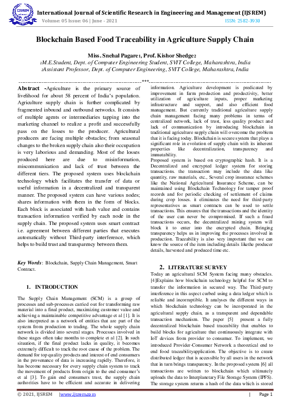 Pdf Blockchain Based Food Traceability In Agriculture Supply Chain Snehal Pagare