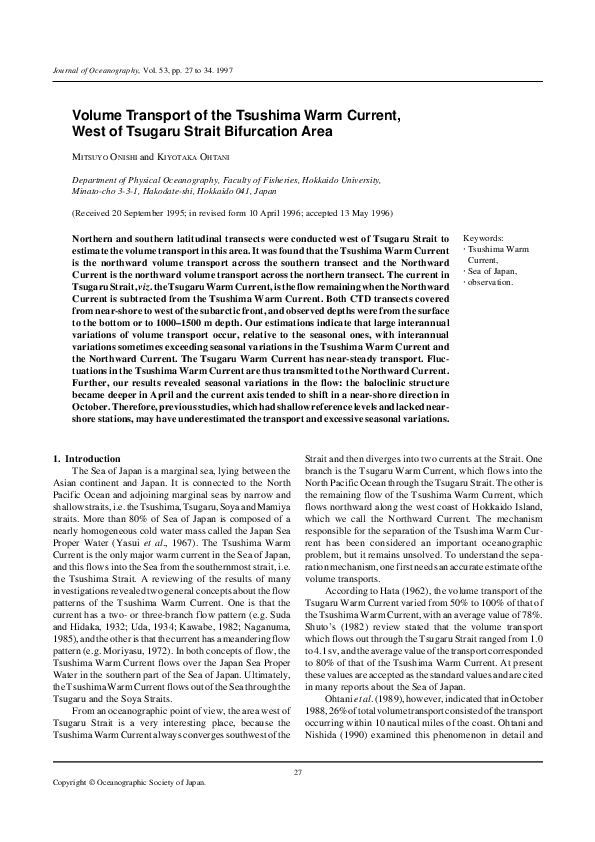 (PDF) Volume transport of the Tsushima Warm Current, west of Tsugaru ...
