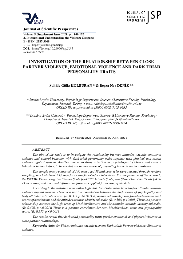(PDF) INVESTIGATION OF THE RELATIONSHIP BETWEEN CLOSE PARTNER VIOLENCE ...
