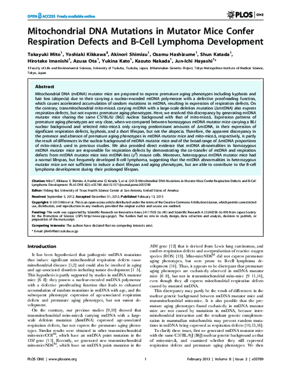 (PDF) Mitochondrial DNA Mutations in Mutator Mice Confer Respiration ...