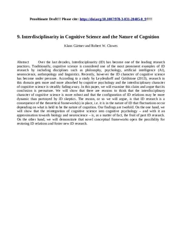 (PDF) Interdisciplinarity in Cognitive Science and the Nature of Cognition