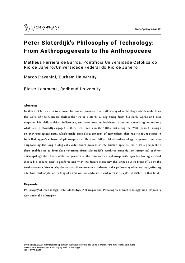 (PDF) Peter Sloterdijk's Philosophy of Technology: From Anthropogenesis to the Anthropocene
