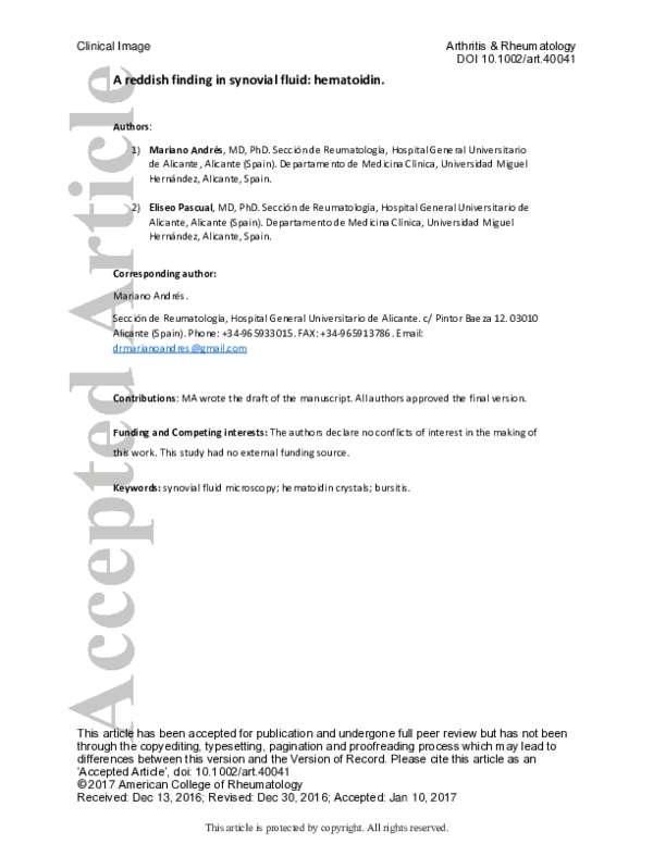 (PDF) Clinical Images: Hematoidin in Synovial Fluid