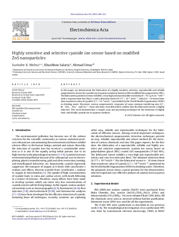 (PDF) Highly sensitive and selective cyanide ion sensor based on ... (PDF) Highly sensitive and selective cyanide ion sensor based on ...