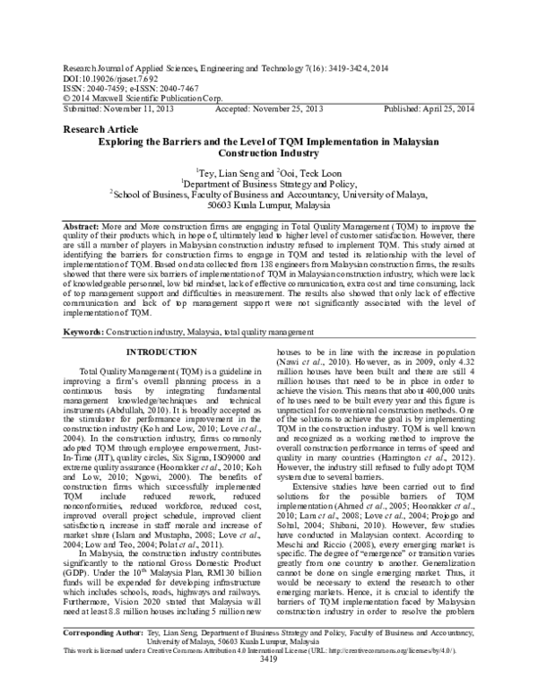 (PDF) Exploring the Barriers and the Level of TQM Implementation in ...
