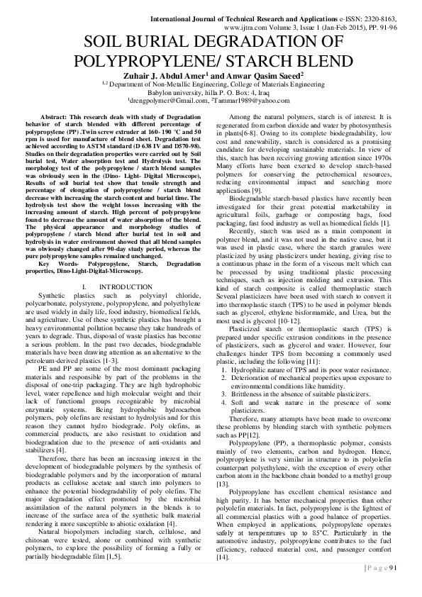 (PDF) Soil Burial Degradation of Polypropylene / Starch Blend