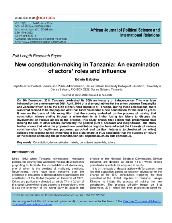(PDF) New constitution-making in Tanzania: An examination of actors ...