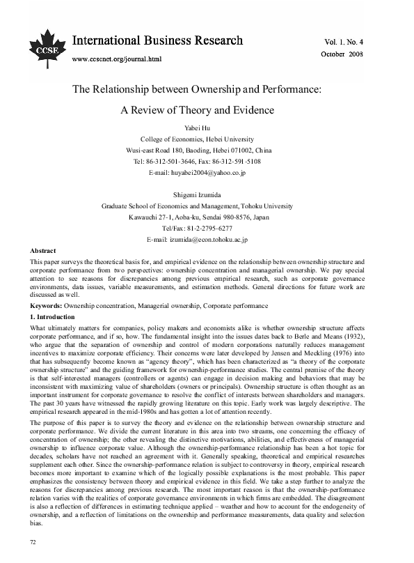 (PDF) The Relationship between Ownership and Performance: A Review of Theory and Evidence