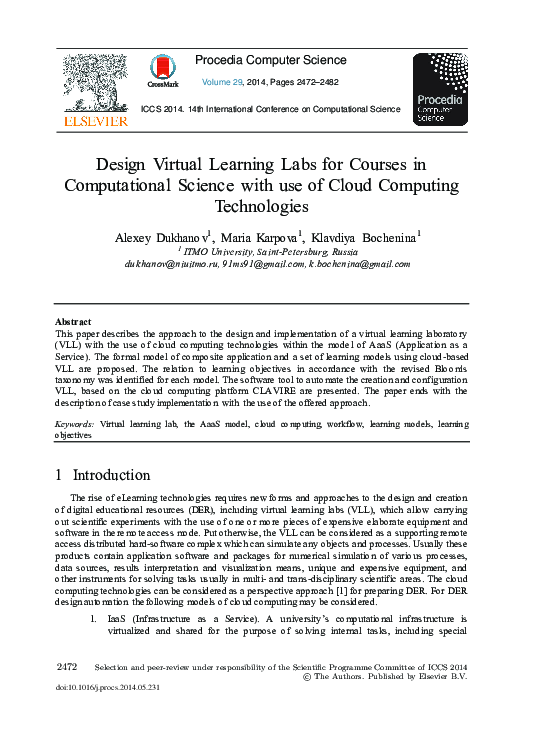 (PDF) Design Virtual Learning Labs for Courses in Computational Science with Use of Cloud ...