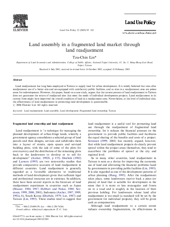(PDF) Land assembly in a fragmented land market through land readjustment